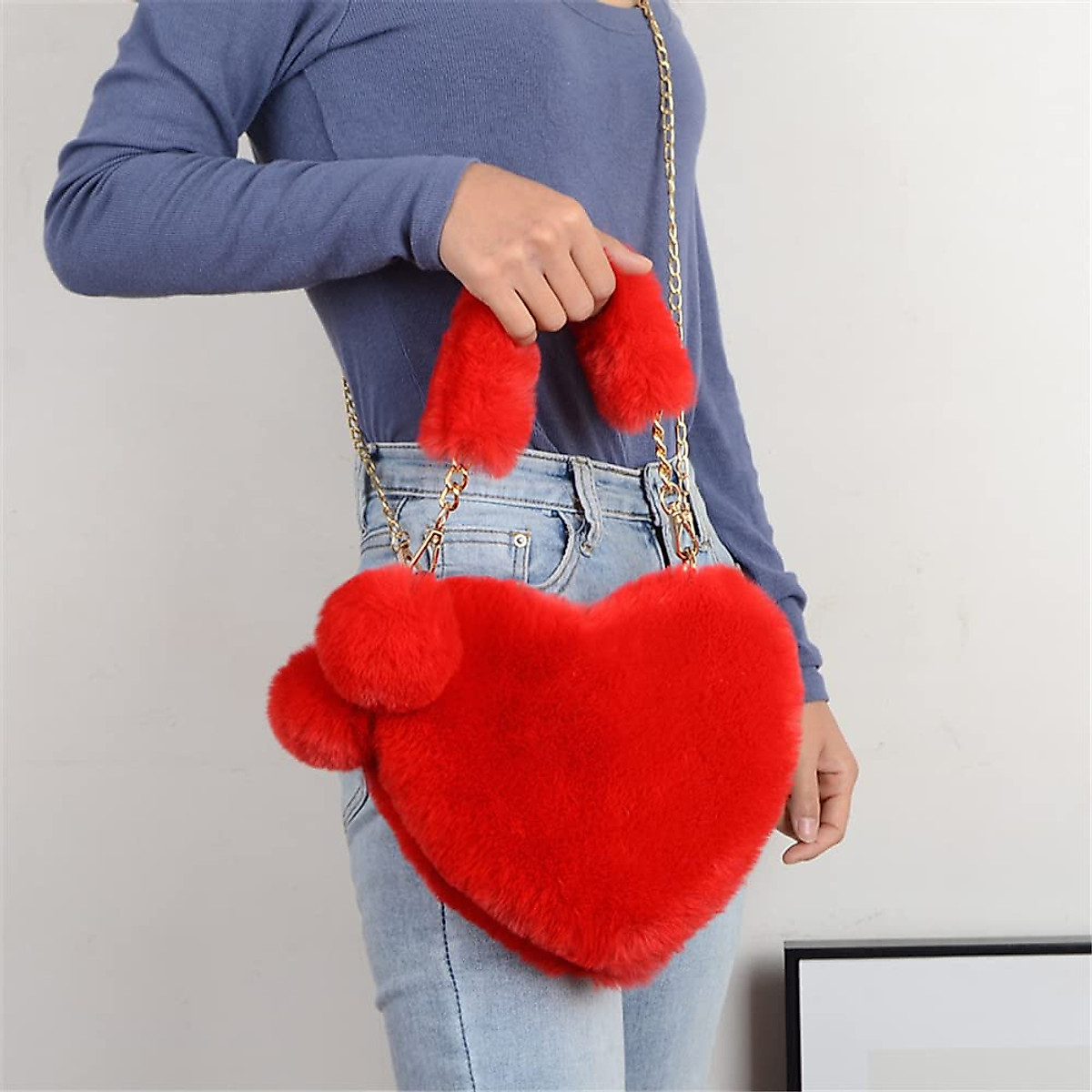 Soft Warm Faux Fur Handbag Fuzzy Crossbody Bag Heart Shape Soft Plush Purse for Winter Women Wallets (Red)