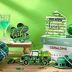 3 Pcs St. Patrick's Day Table Wooden Signs St. Patrick's Table Decoration Lucky Sign Shamrocks Green Truck Irish Themed Table Centerpiece for St. Patrick's Day Party Home Table Decor (Novelty Style)