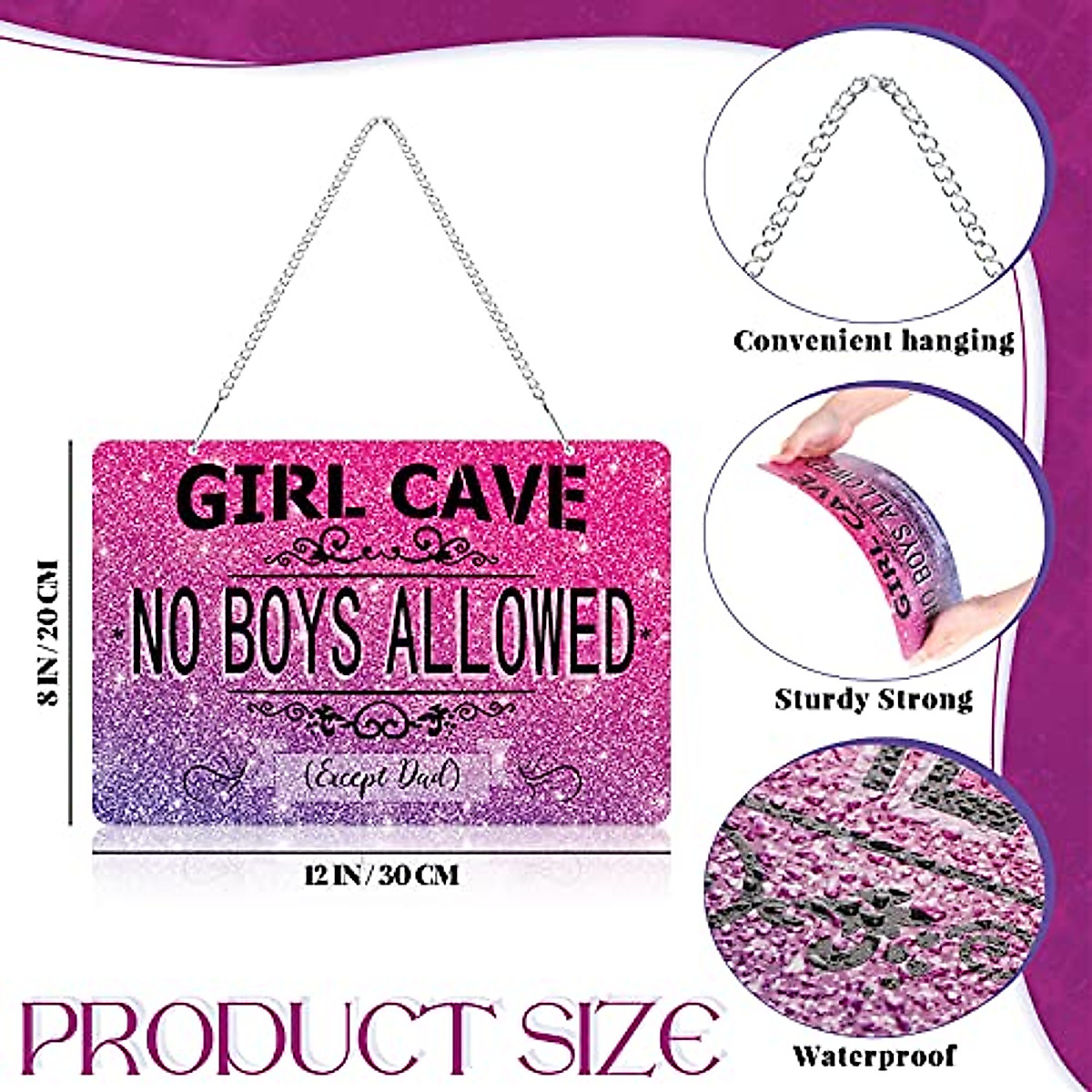 Hotop Girl Cave Metal Sign Funny No Boys Allowed Except Dad Sign Girl Room Wall Door Sign Decor with Chain for Teen Girls Daughter Bedroom Door Wall Decoration, 12 x 8 Inch