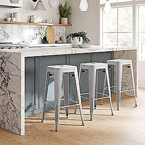 Furmax 30 Inches Metal Bar Stools Bar Height High Backless Stools Indoor Outdoor Stackable Kitchen Stools Set of 4 (Distressed White)