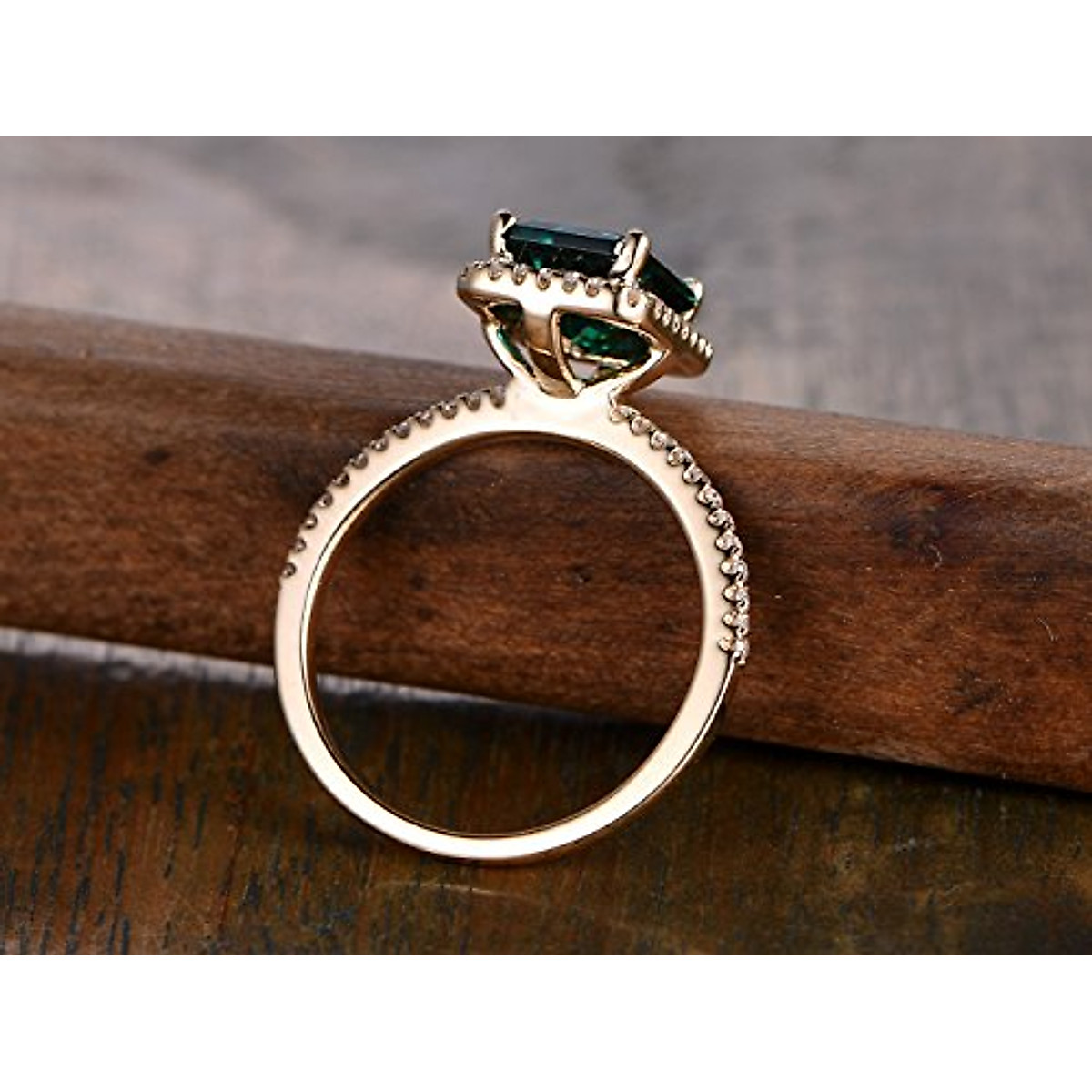 Emerald Engagement Ring,14K Yellow Gold,May Birthstone,6x8mm Emerald Cut Green Gems,Halo,Ball Prong Set