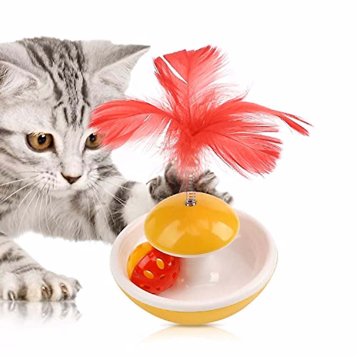 Cat Ball Toys with Feather-Interactive Cat Toys for Indoor Cats and Kittens (Yellow)