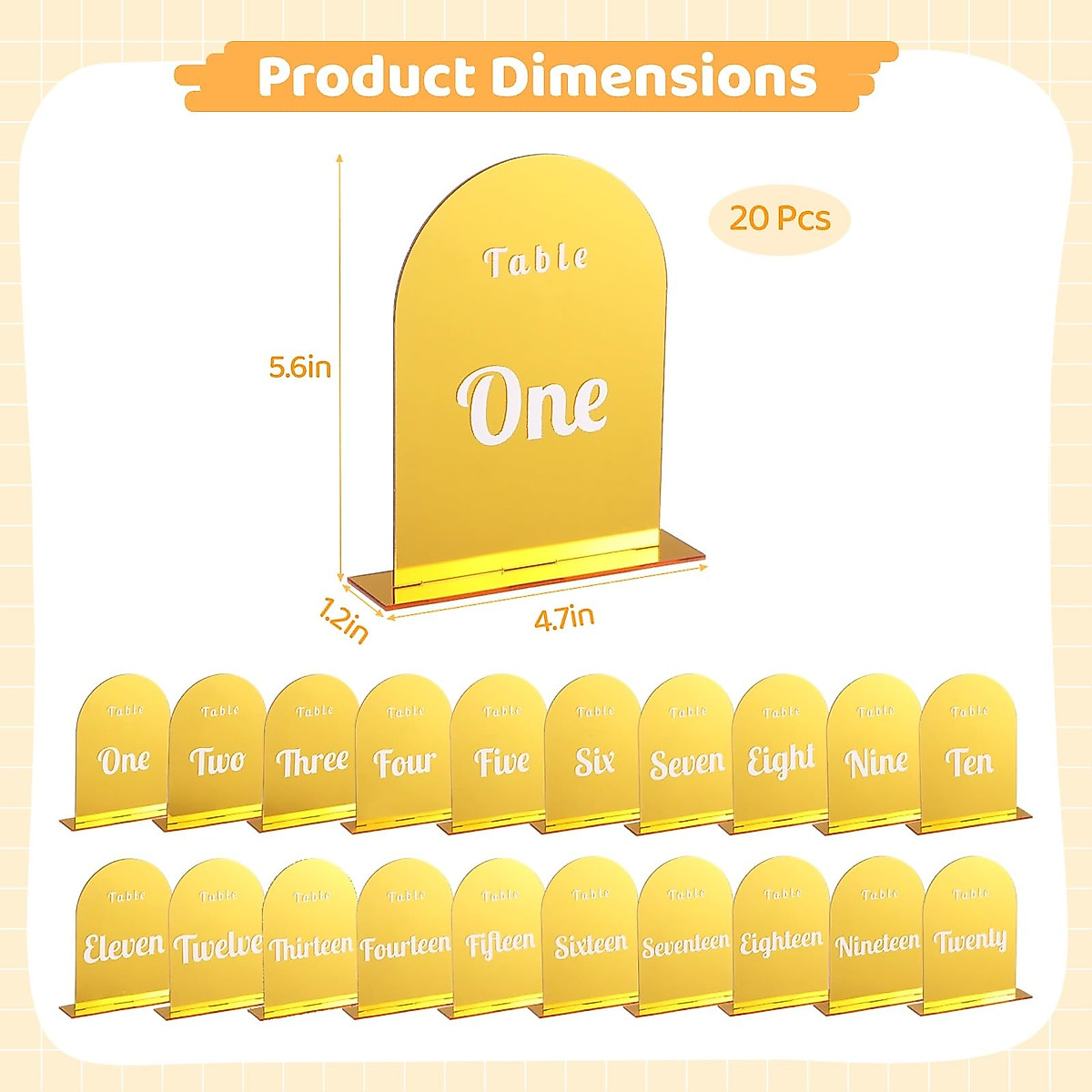 20 Pack Wedding Table Numbers with Stands 1-20, 4.7 X 5.6 Inch Gold Arched Mirrored Table Signs Number Display Stand for Wedding Reception Event Restaurant Decoration