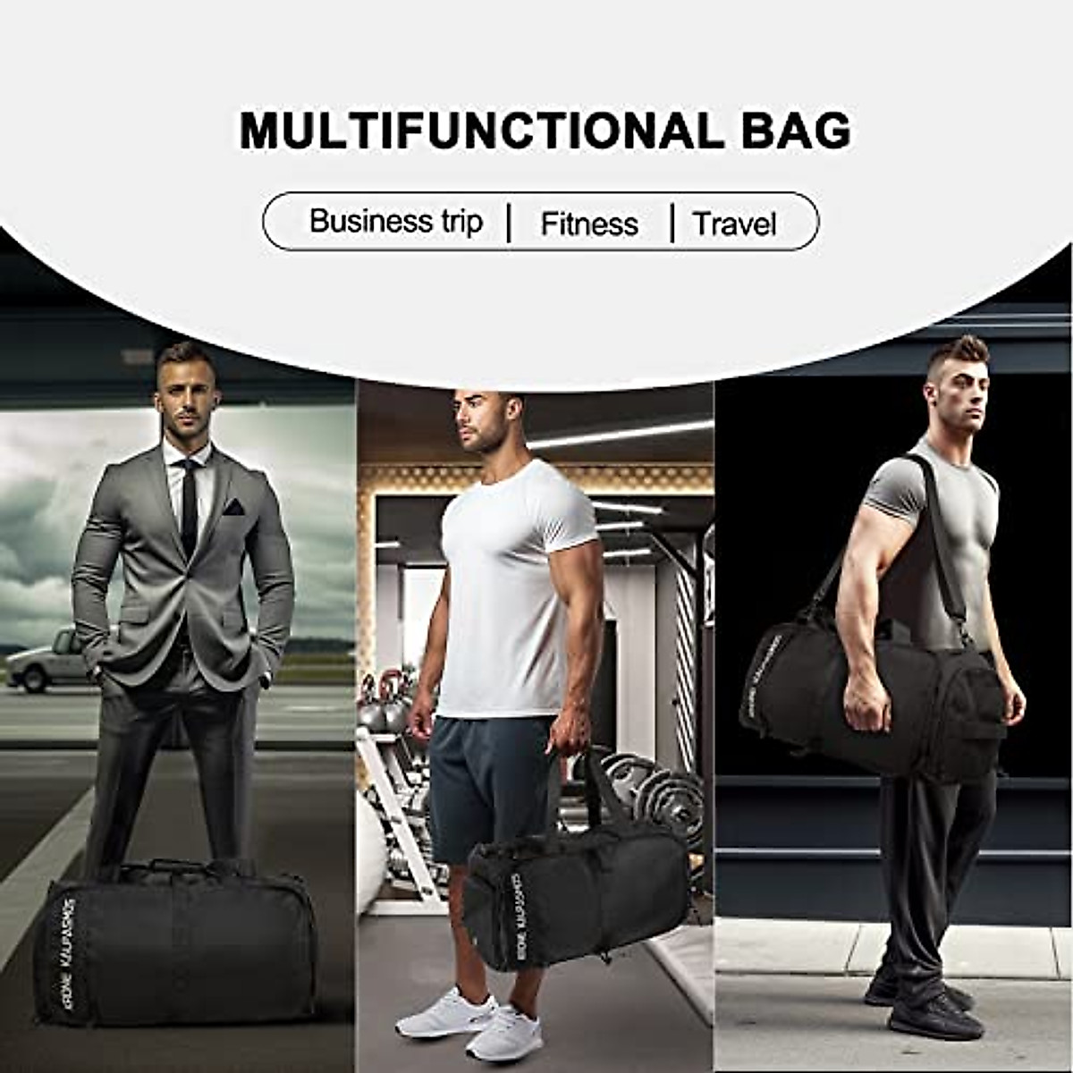 Krone Kalpasmos Small Gym Bag, Packable Sports Bag for Men, Gym Bags for Men with Shoe and Wet Pocket, Lightweight Waterproof Travel Duffel Bag (Black)