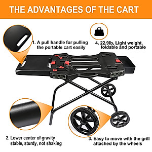 Hisencn Portable Grill Cart with Wheel for Weber Q1200, Q1000, Q2200, Q2400, Q2000 Series, for Blackstone 17" 22" Table Top Griddles, Folding Cart, Outdoor Griddle Stand Shelf, Black