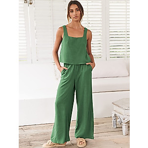 ANRABESS Women's 2 Piece Outfits Linen Pants Jumpsuit Matching Lounge Set Casual Summer Beach Vacation Trendy Clothes Grass XX-Large