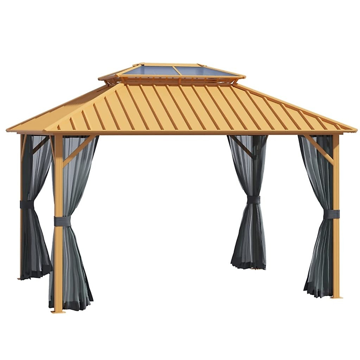 MGWYE 12' x 10' Hardtop Gazebo Steel Canopy Outdoor Pergola with Aluminum Frame and Netting for Patios, Gardens, Lawns