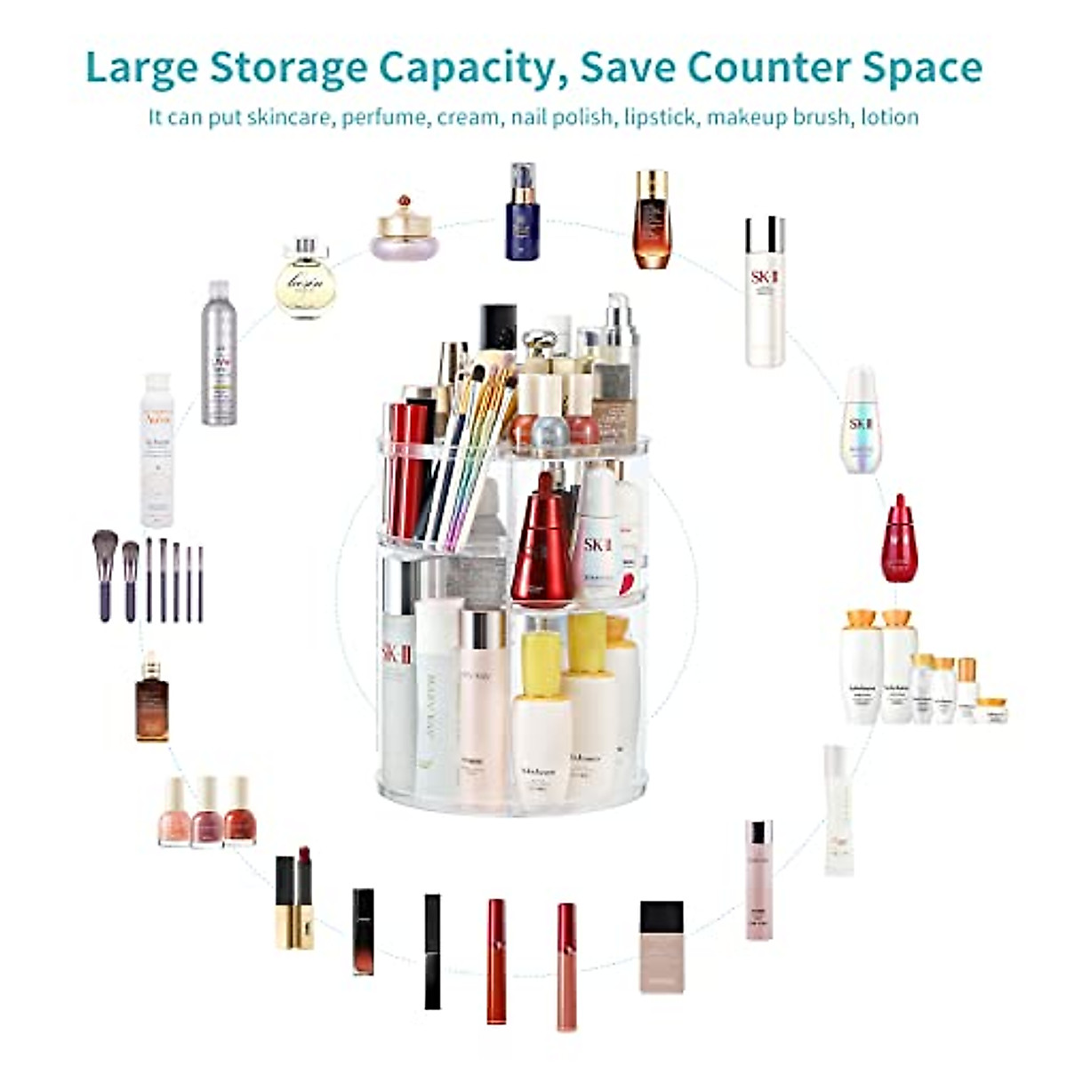 COOLBEAR Makeup Organizer,360 Degree Rotating Adjustable Acrylic Cosmetic Storage Display Case,6 Layers Large Capacity Makeup Storage for Perfumes,Makeup Brushes,Lipsticks and More,Clear Transparent