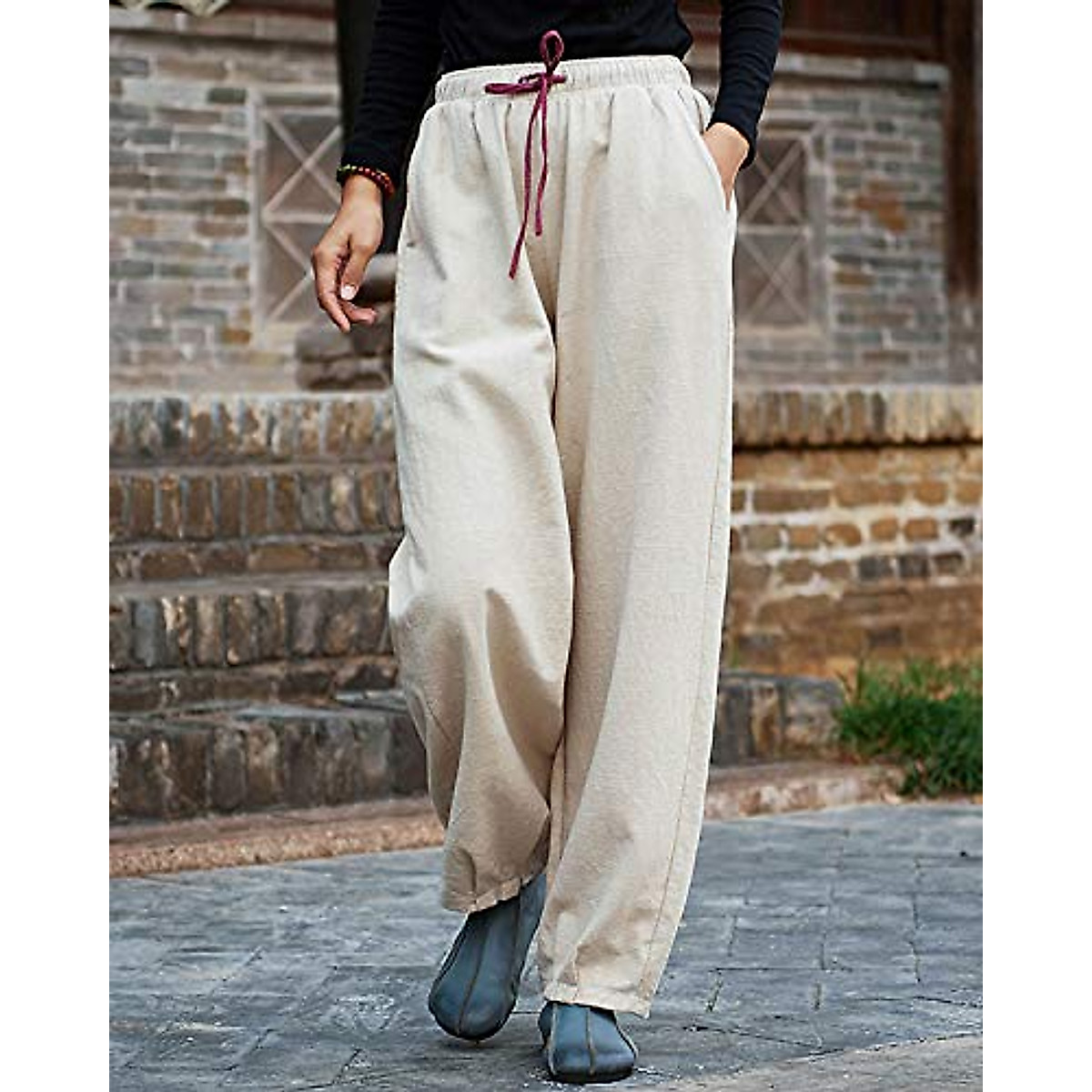 Safeeye Women's Loose Linen Pants Casual Wide Leg Drawstring Striaght Fit Trousers Beige XXL