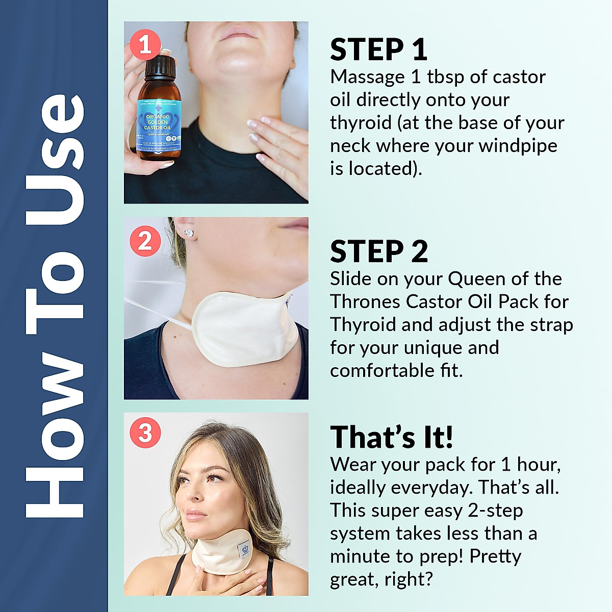 QUEEN OF THE THRONES Castor Oil Pack for Neck Less Mess, Reusable, Organic Cotton Flannel, Naturopathic Doctor Designed (Castor Oil Included)