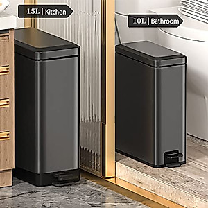 Aupekro Trash Can with Lid Soft Close, 2.6 Gallon Stainless Steel Step Garbage Can, Slim Rectangular Trash Bin with Removable Inner Bucket for Bedroom, Bathroom, Kitchen, Office(Black)
