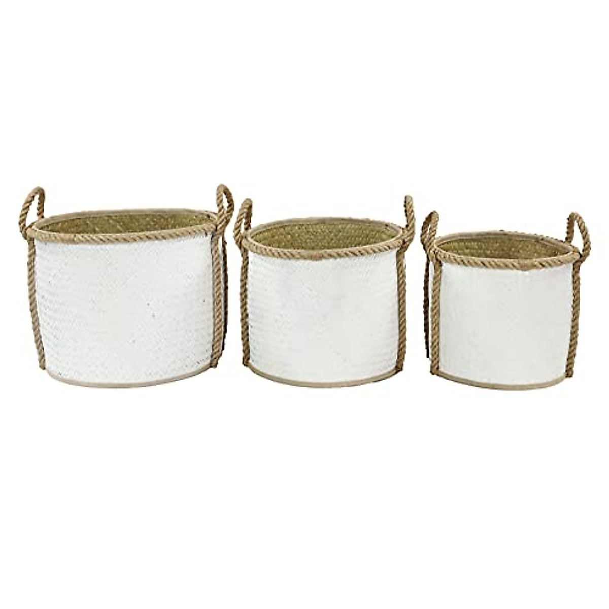 Deco 79 Seagrass Round Storage Basket with Handles, Set of 3 17", 15", 13"W, White