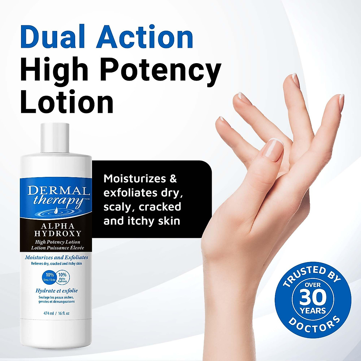 Dermal Therapy Alpha Hydroxy Lotion - High Potency AHA Exfoliating Moisturizer for Dry, Scaly Skin - 10% Lactic Acid & 10% Urea Lotion - Remove Skin Flakes - Fragrance-Free - 16 fl oz / 474 ml