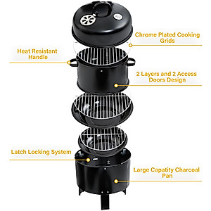 TENGCHANG 32" Charcoal Smoker BBQ Grill, 3IN1 Outdoor Vertical Smoke Portable Meat Cooker, Black