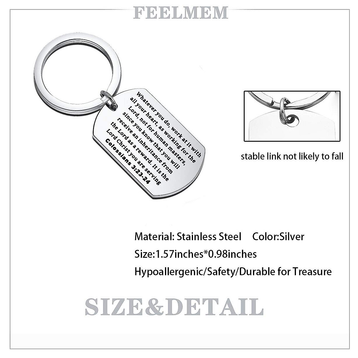 FEELMEM Christian Keychain Colossians 3:23 Bible Verse Keychain Whatever You Do Work at It with All Your Heart As Working for The Lord Religious Jewelry Inspirational Gifts (Silver)