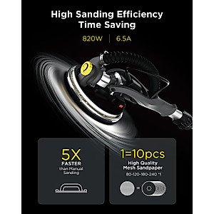 Drywall Sander with Vacuum Dust Collector, 820W DIY Popcorn Ceiling Removal Tool with Shoulder Strap, 600-1900RPM ETL Certified Electric Drywall Sander with 4 Vacuum Adapters, Aluminum Oxide Sandpaper