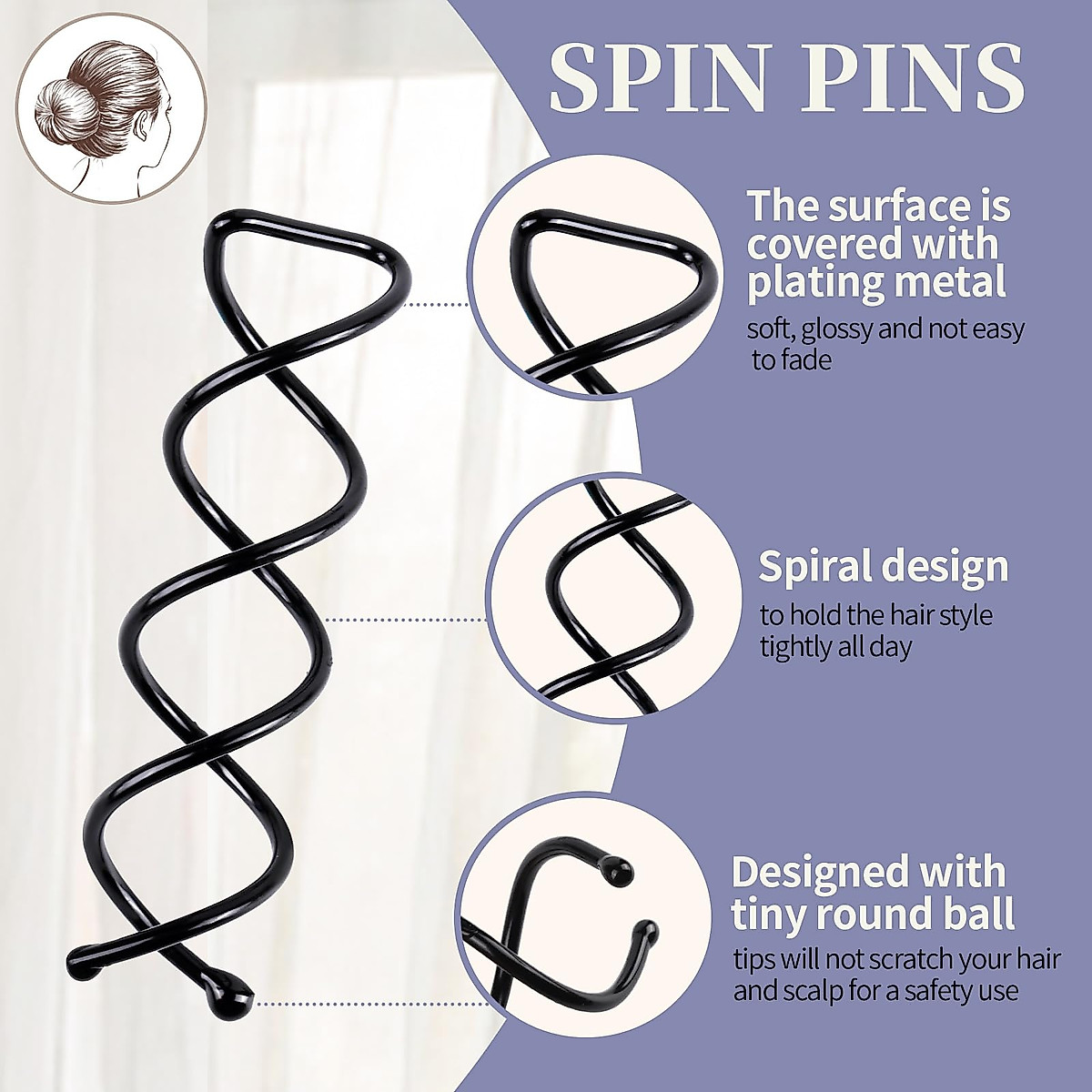 FANDAMEI 50PCS Spiral Hair Pins, Spin Pins Non-Scratch Round Tips, Twist Screw Hair Pin for Women Bun Hair Style DIY, Spiral Bobby Pins Black