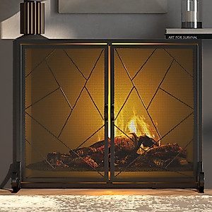 Fire Beauty Fireplace Screen with Hinged Doors Cast Iron Border Sturdy Steel Frame Durable Metal Mesh Decorative Spark Guard Black Finish(Middle)
