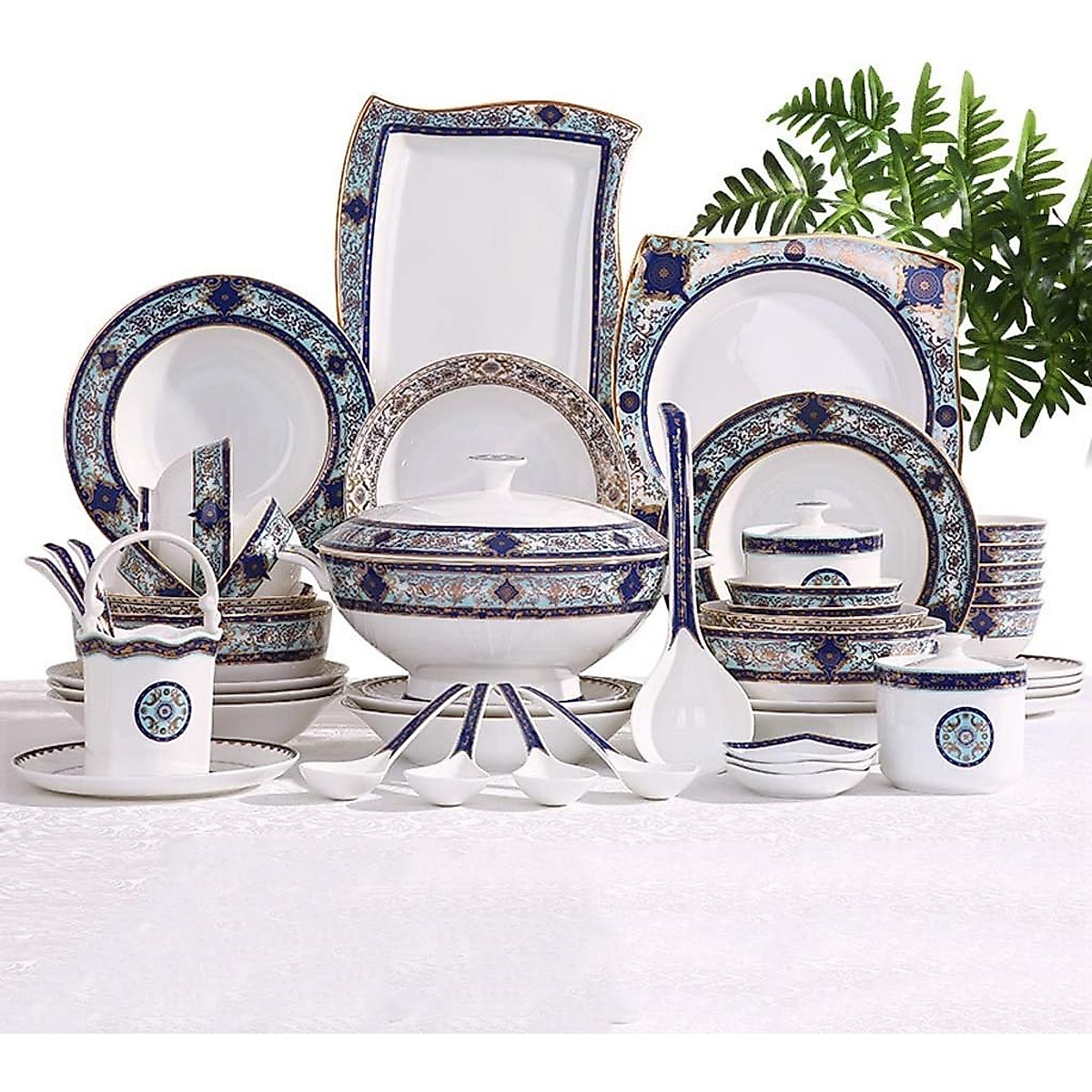 Porcelain Plate and Bowl Set, Ceramics Dinnerware Set with 55 Pieces,Bowl/Dish/Soup Pot/Spoon|Dinner Sets,Blues Garden Pattern Porcelain Combination Set