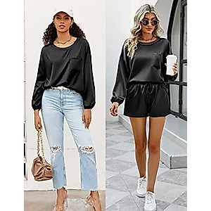 Ekouaer Silk Pajama Set for Women Two Piece Satin Long Sleeve and Shorts Pajama Set Summer Sleepwear Silk Pj Sets Black Small