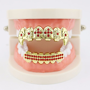 18K Gold Plated Hip Hop Grillz CZ Top and Bottom Grills for Your Teeth with Red Diamond