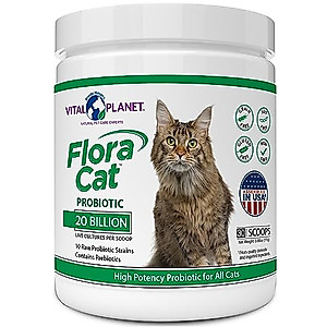 Vital Planet - Flora Cat Probiotic Powder Supplement with 20 Billion Cultures and 10 Diverse Strains High Potency Probiotics for All Cats for Feline Digestive and Immune Support 30 Scoops 3.92 oz