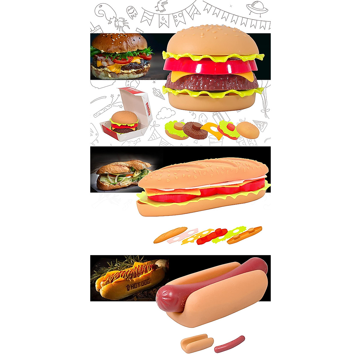 U DREAM Pretend Play Food Sets, Building Toy Burger Playset, Play Kitchen Accessories, Realistic Sandwiches.