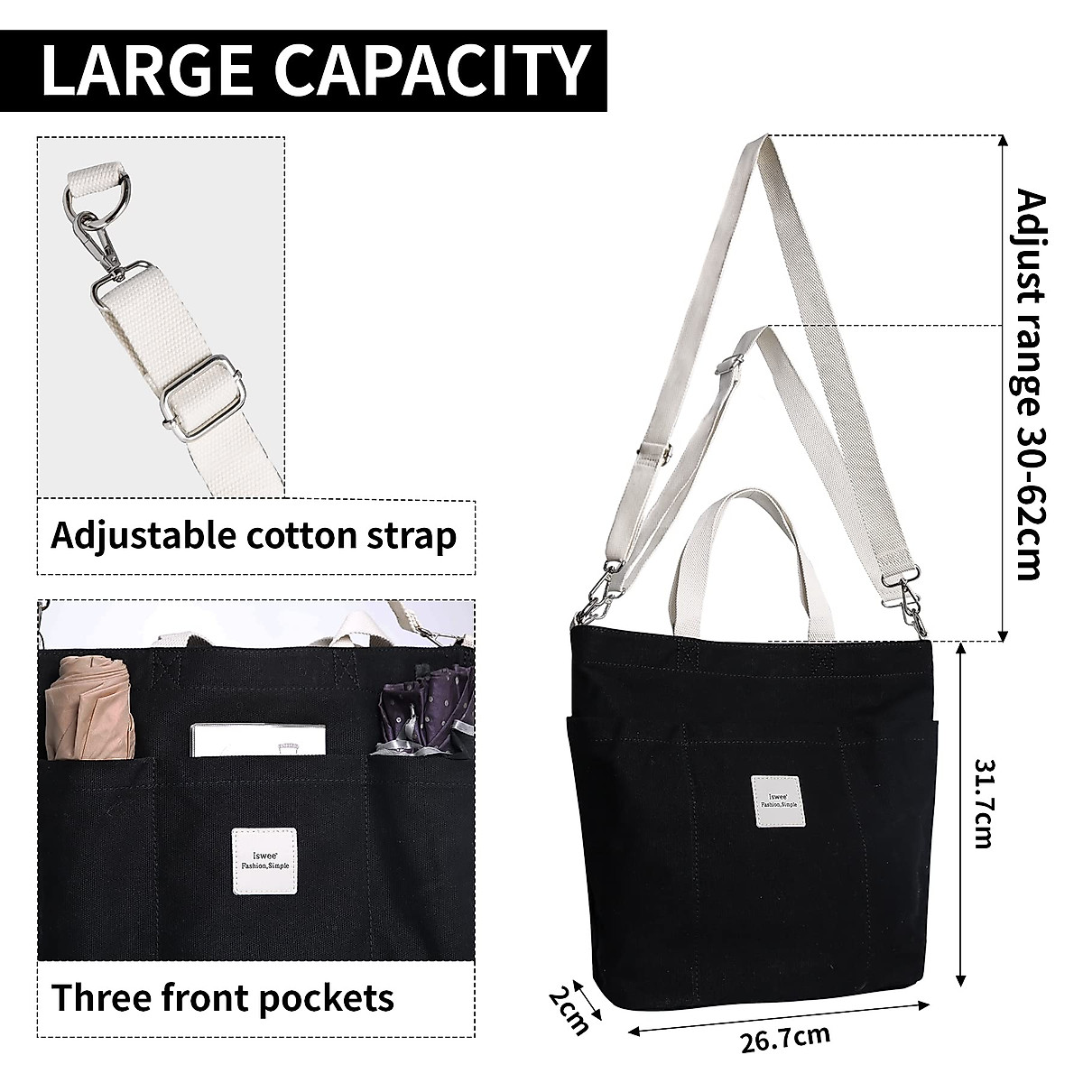 Iswee Canvas Tote Bag with Zipper Multi Pockets Tote Purse for Women Fashion Crossbody Tote Shoulder Bag Handbag Everyday Bag(IUU009-Black)