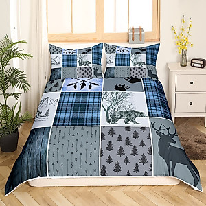 Rustic Farmhouse Comforter Cover Queen, Retro Cabin Lodge Duvet Cover Country Bear Deer Bedding Set For Kids Teens Adult Men, Hunting Wild Animal Plaid Checkered Quilt Cover With 2 Pillow Cases,Blue