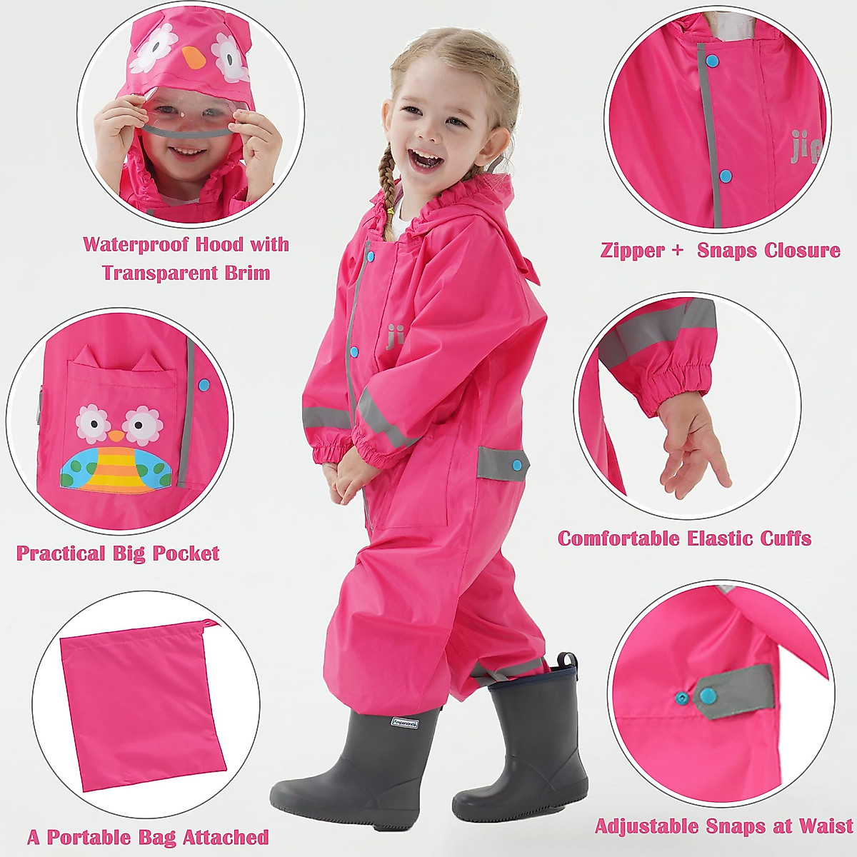 Kids Toddler Rain Suit for Boys Girls One Piece Hoodie Zipper Cute Cartoon Owl Waterproof Rain Jacket 7-9 Years XL Size