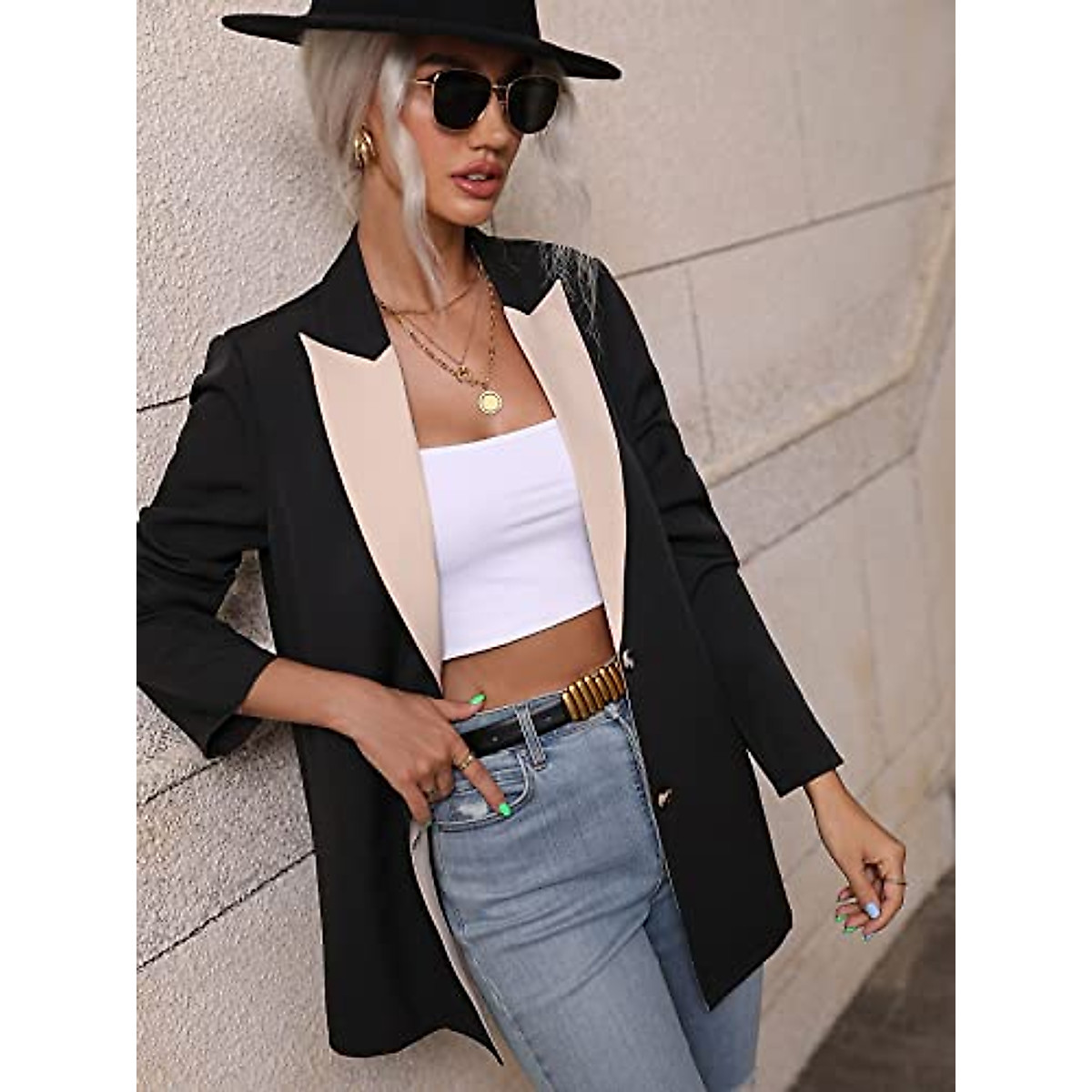 WDIRARA Women's Colorblock Lapel Button Front Long Sleeve Work Office Jacket Blazer Black M