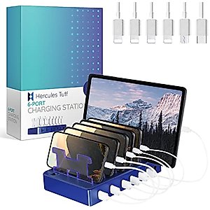 Hercules Tuff Charging Station for Multiple Devices - 6 Ports - (4) iOS Compatible, (1) USB-C & (1) Micro USB Cable for Cell Phones, Smart Phones, Tablets, and Electronics, Blue