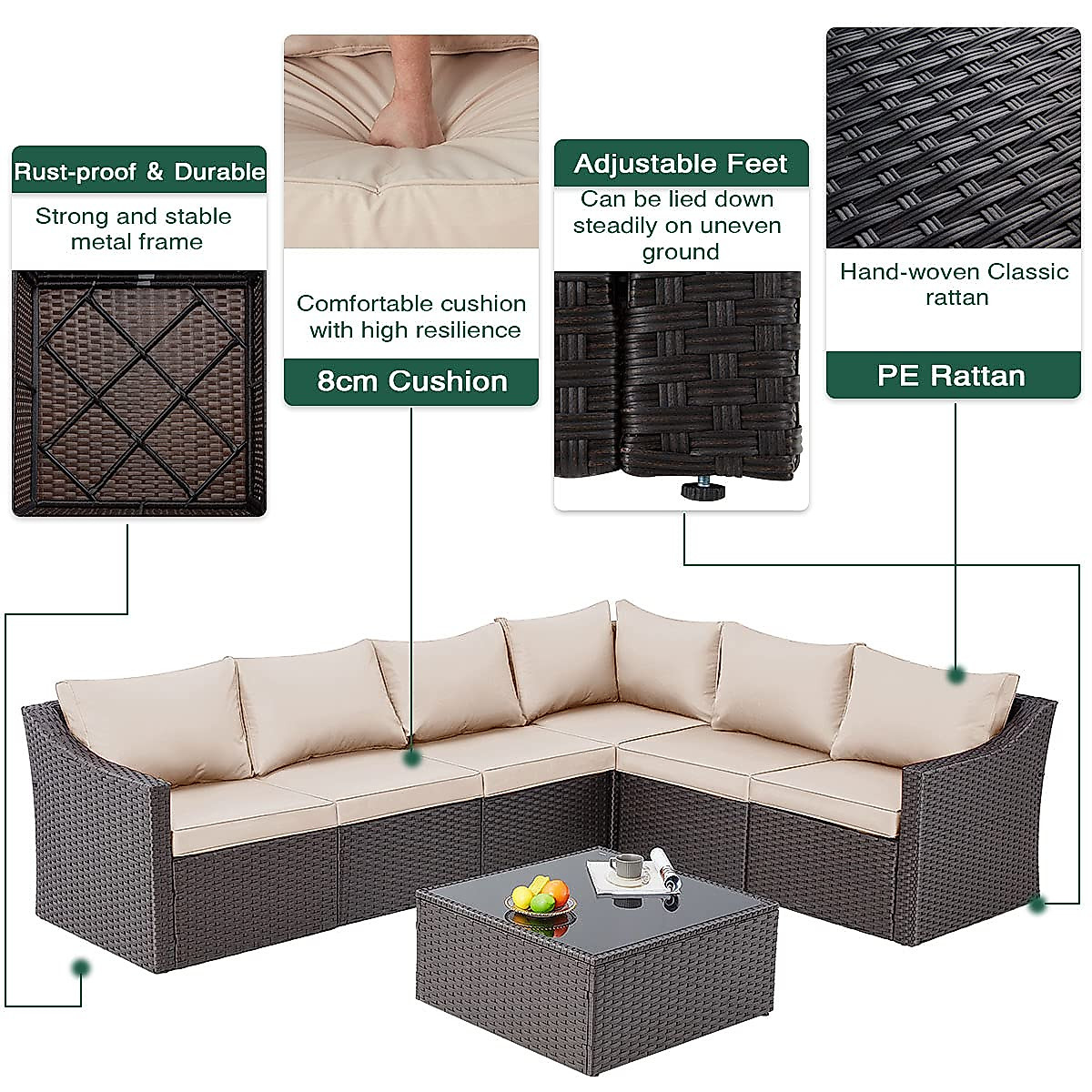 EROMMY 7 Pieces Outdoor Patio Furniture Set, Sectional PE Rattan Conversation Set, Sofa Set with Glass Table, Cushions and Pillows, Patio Sofa for Garden, Lawn, Balcony