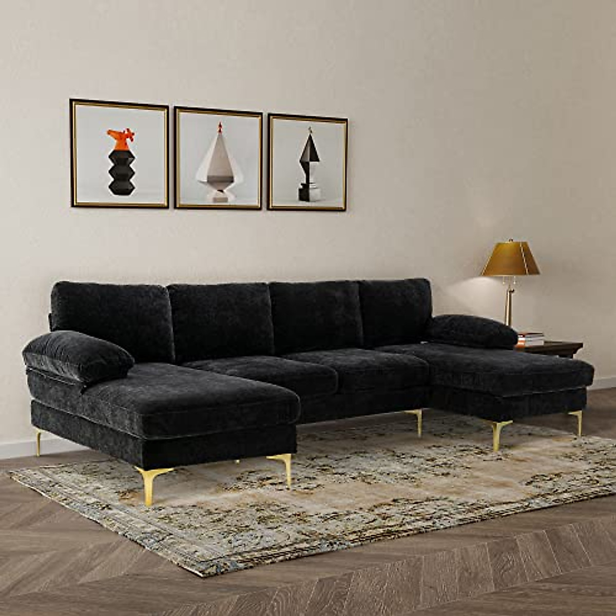 Homtique U Shaped Sectional Couch,Modern Large Modular Sectional Sofa for Living Room,Chenille Fabric Oversized Couch with Chaise Lounge and Golden Legs (Black)