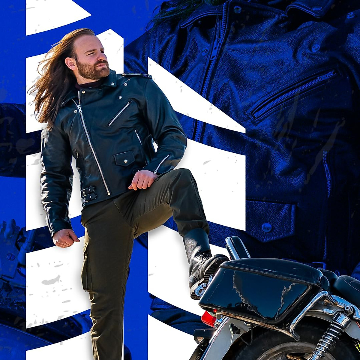 HWK Brando Leather Motorcycle Jacket for Men, Genuine Black Leather Jacket with Removable CE Armor & Micro Polyester Thermal Lining for Weather & Water Resistant Enduro Motorbike Riding - XX Large