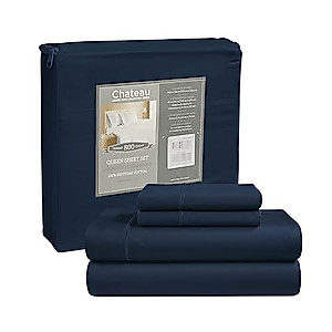 100% Egyption Cotton Queen Size Solid Sheet Set & Striped Sheets Set of 2 Combo- 800 Thread Count Sateen Weave Queen Size Solid Sheets & Striped Sheets, Deep Pocket Cotton Bedsheets - Dark Denim