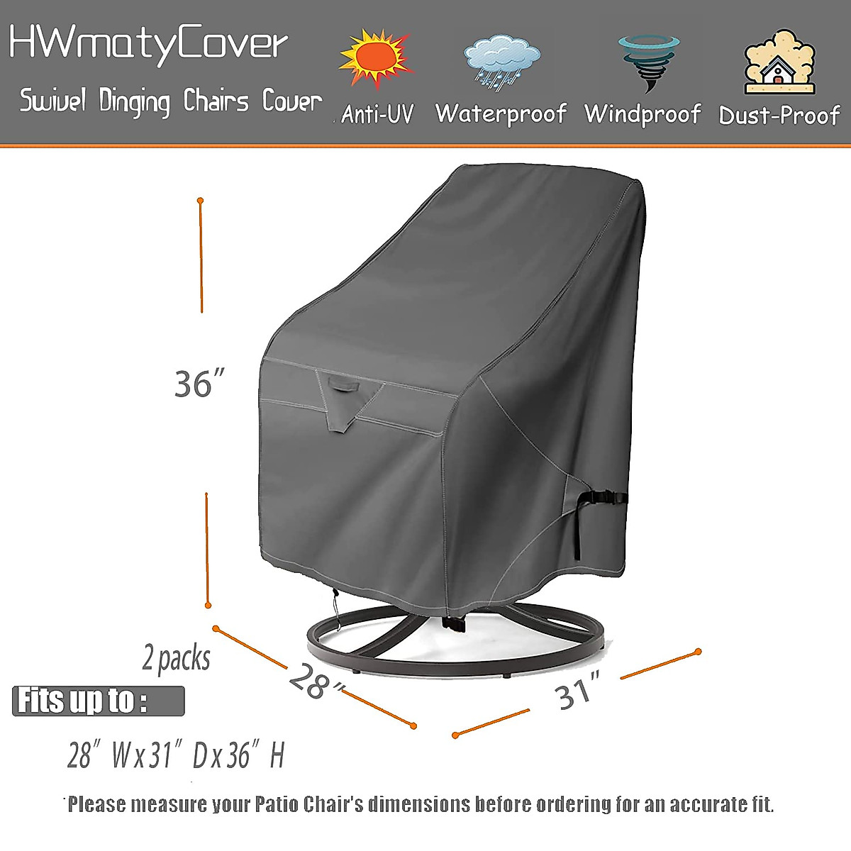 HWmatyCover Waterproof Patio Chair Cover 2Pack – Outdoor Lounge Deep Seat Single Lawn Chair Cover Fits Up to 28W x 31D x 36H inches