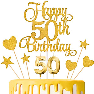 Lecferrarc 50th Birthday Cake Decorations, 50th Birthday Candles Cake Numeral Candles and Glitter Happy 50th Birthday Cake Toppers Set for Birthday Party Supplies (Gold)