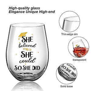 She Believed She Could So She Did Stemless Wine Glass, Congratulation Wine Glass for Girl Women Friend Sister for Graduation University Nursing Grad Celebration High School College Party Decor, 17 oz