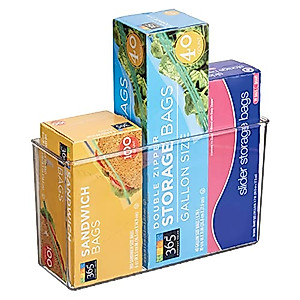 mDesign Plastic Adhesive Storage Organizer Container Bin for Kitchen Shelf, Countertop, Cabinet, or Pantry Organization - Space Saving for Sandwich Bag, Plastic Wrap, Linge Collection - 4 Pack - Clear