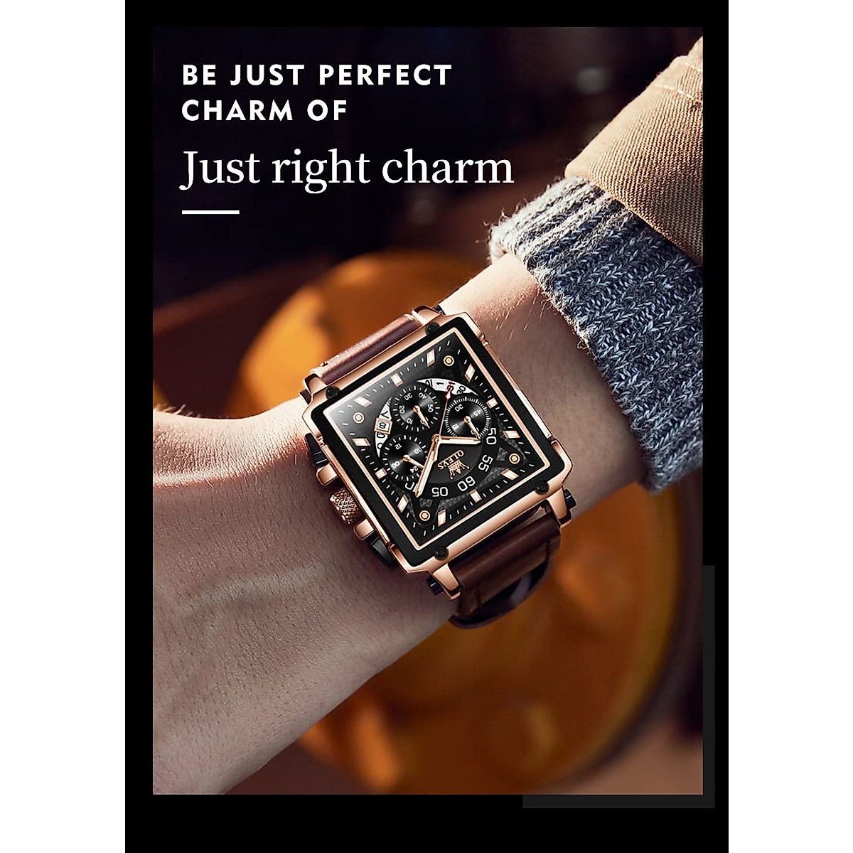 OLEVS Square Watches for Men Brown Leather Chronograph Fashion Business Watch Luminous Waterproof Casual Wrist Watches