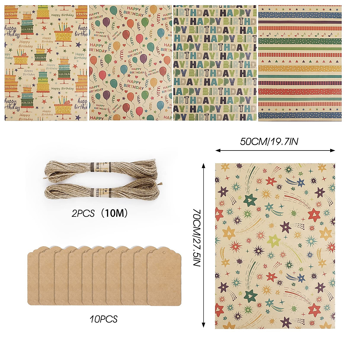 Prasacco Wrapping Paper Birthday Wrapping Paper Sheets-Recyclable Birthday Gift Wrap Set with Tag String-Eco Gift Wrapping Paper