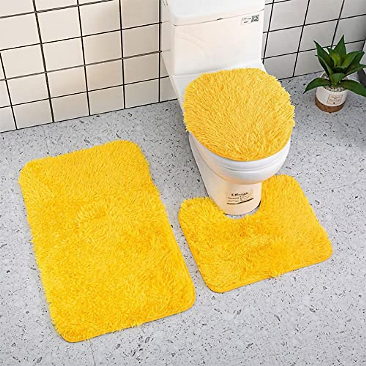 3PCS Bathroom Rugs Sets, Solid Color Bathroom Toilet Floor Mat Toilet Lid Cover Rugs Toilet Carpet Anti-Slip Mat Super Absorbent Plush Bathroom Carpets Mats for Bathroom (Yellow)