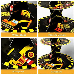 Construction Birthday Cupcake Stand with 24pcs Cupcake Toppers for Construction Themed Zone Party Decorations 3 Tire Dump Truck Car Cupcake Dessert Holder for Construction Baby Shower Party Supplies