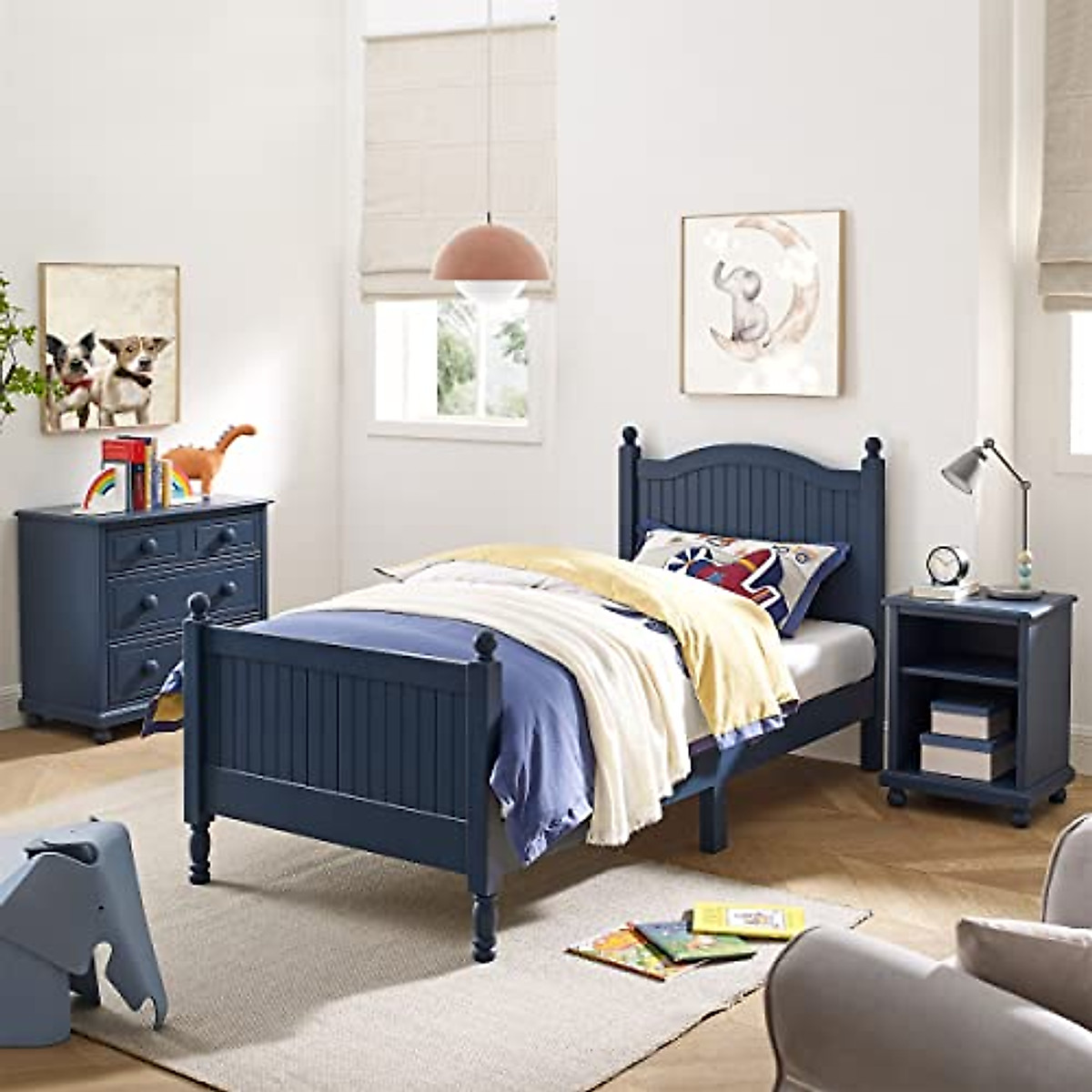 BIKAHOM Riley Twin Bed Frame, 11.5 inch Solid Wood Pine Bed Frame with Headboard & Footboard, Wood Slat Support, No Box Spring Needed, Easy Assembly Bedroom Furniture, Dark Blue Finish