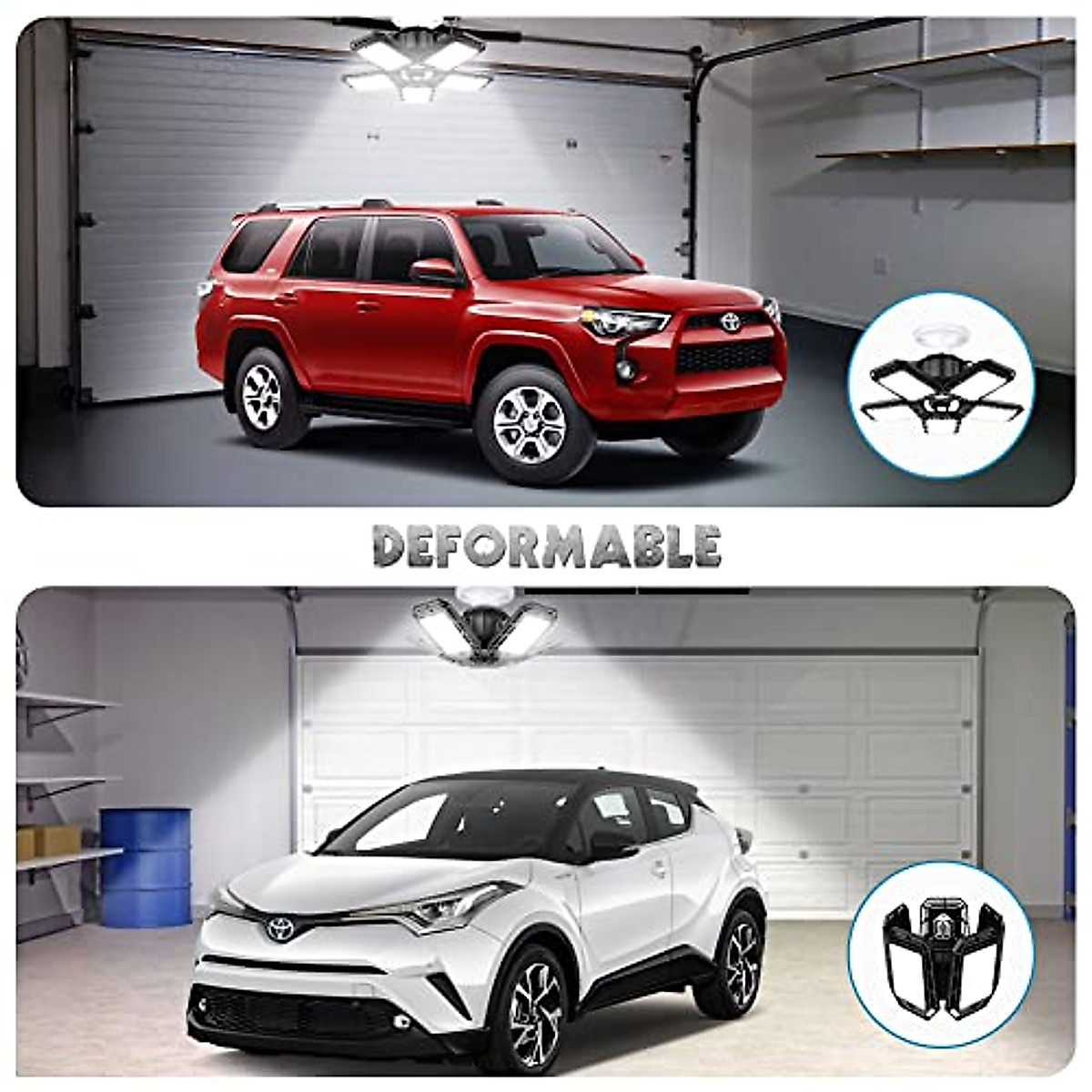 Luyata 2 Pack LED Garage Lights, 160W 16000LM 6500K Deformable LED Garage Ceiling Light Shop Lights with 5 Adjustable Panels for Garage Workshop Basement Support E26/E27 Screw Socket