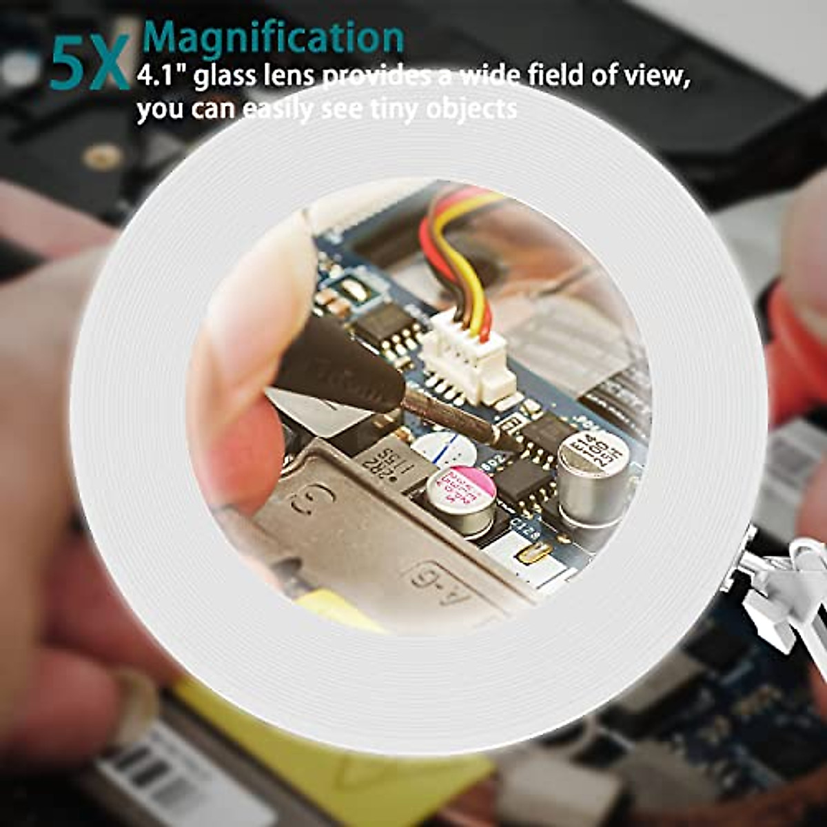 YOUKOYI LED Magnifying Lamp Metal Swing Arm Magnifier Lamp -10 Levels Brightness, 3 Color Modes, 5X Magnification, 4.1" Diameter Glass Lens, Adjustable Industrial Clamp for Reading/Office/Work (White)