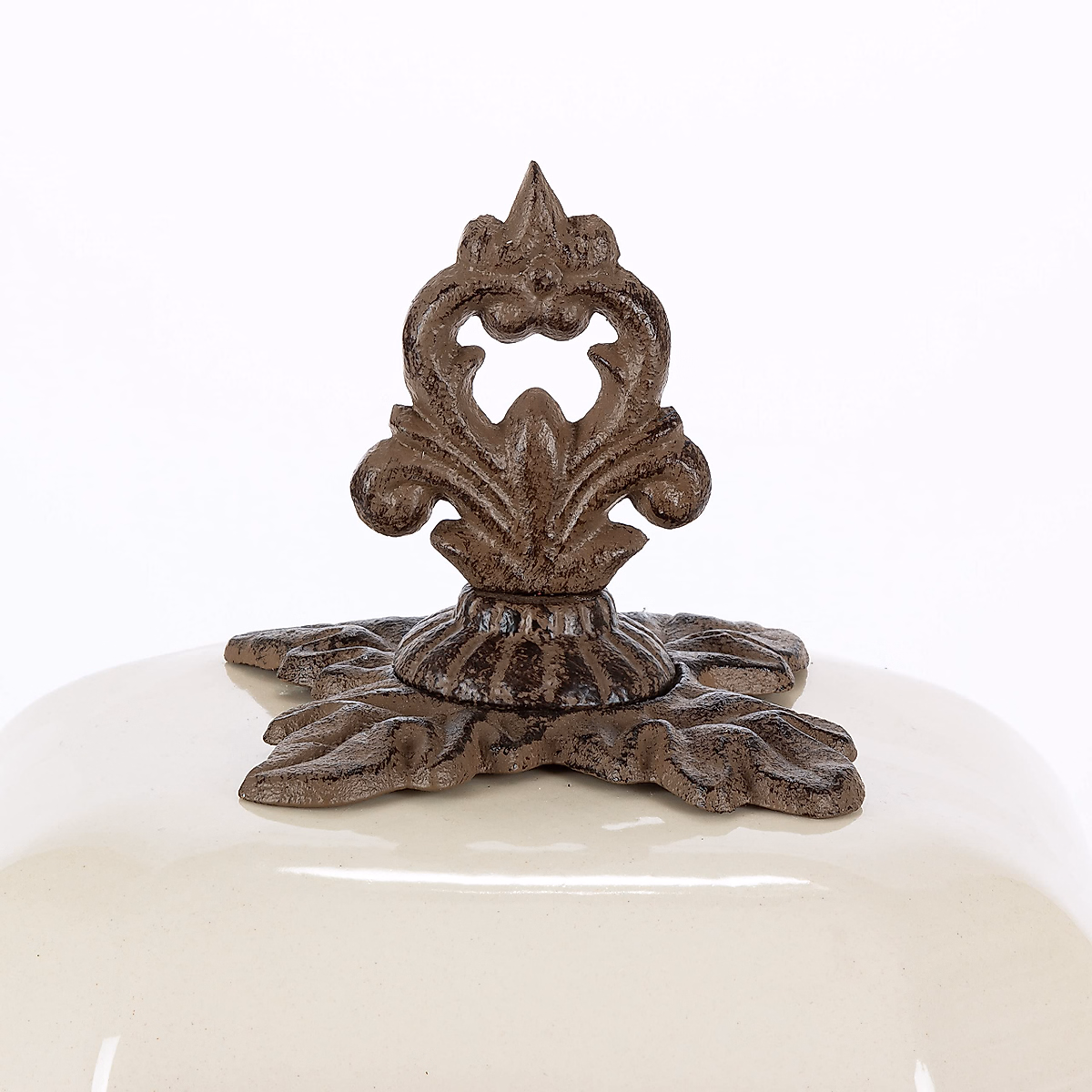 14-Inch Tall Provencial Cream Canister with Brown Metal Scrolled Base