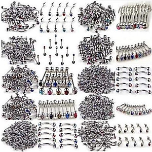100pcs 10styles 316L Stainless Steel Crystal Body Jewelry Belly Tongue Lip Nipple Piercing Rings Wholesale