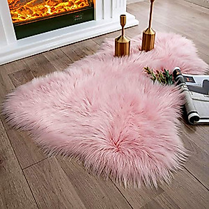 Ashler Home Deco Soft Faux Sheepskin Fur Rug Pink Fluffy Area Rug & Throw Pillow Covers with Pom
